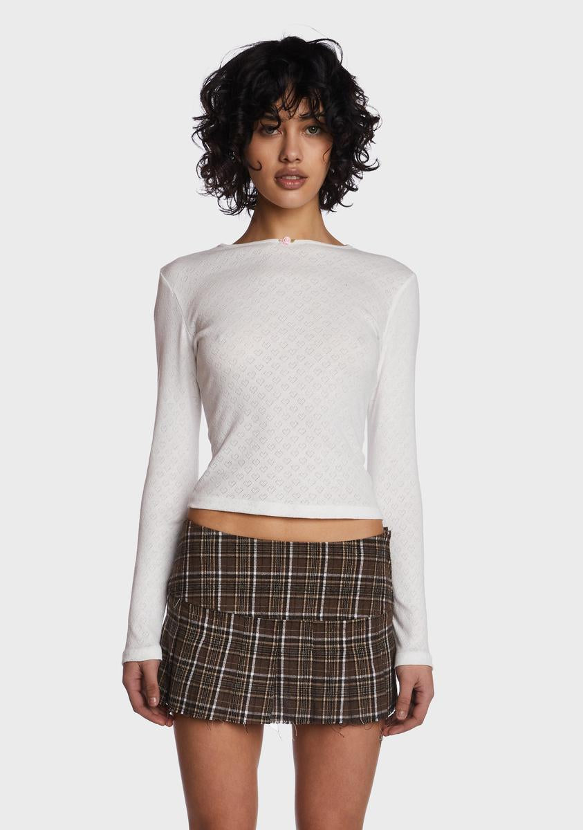 Pointelle Heart Print Long Sleeve Top - Ivory – Dolls Kill
