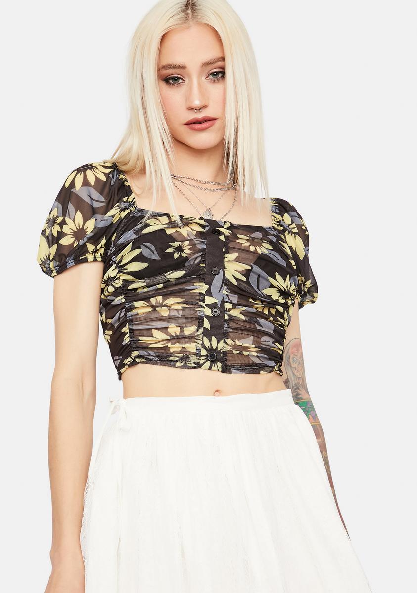 Sunflower Mesh Button Up Crop Top - Black – Dolls Kill