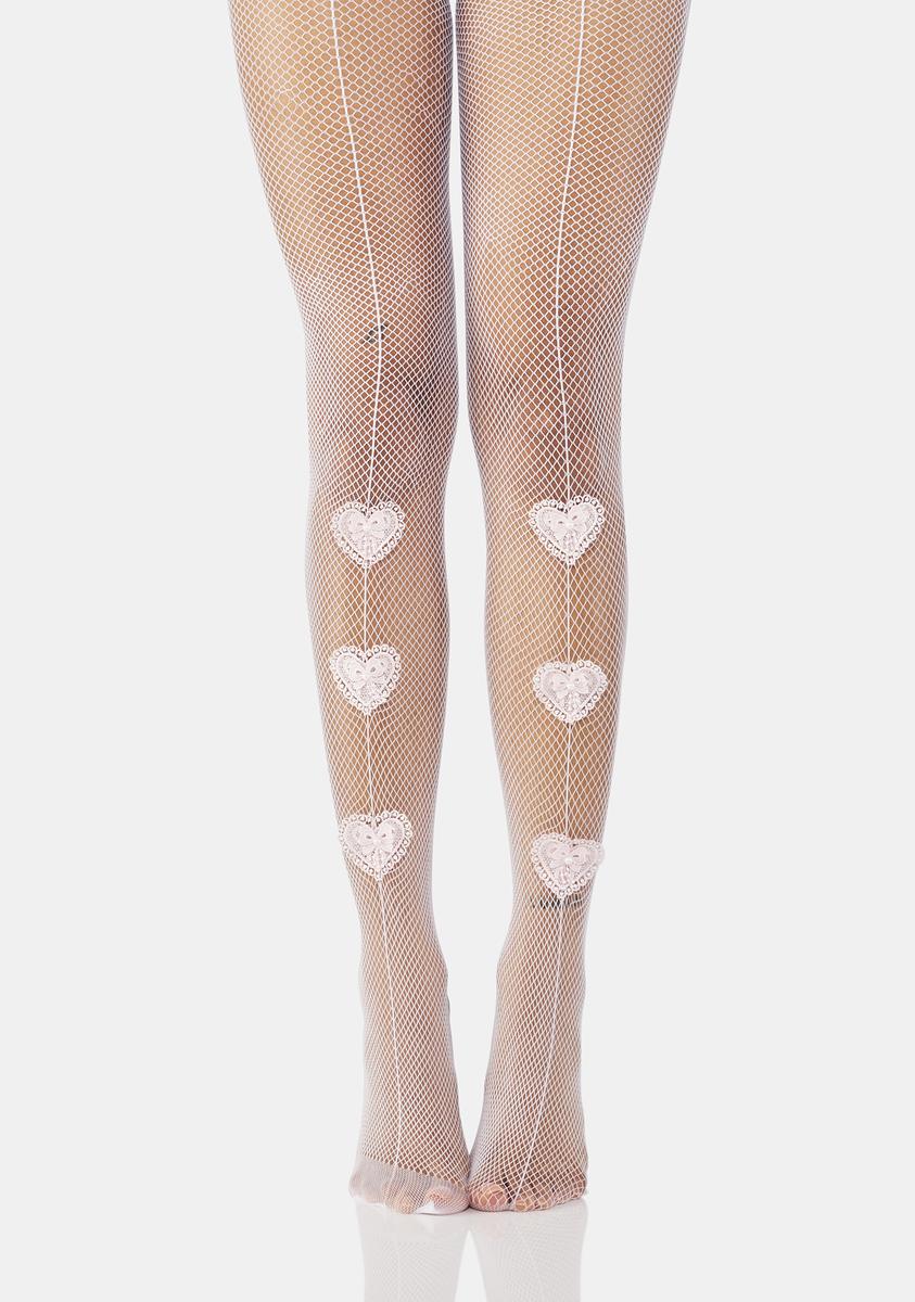 Fishnet Tights With Hearts - White – Dolls Kill