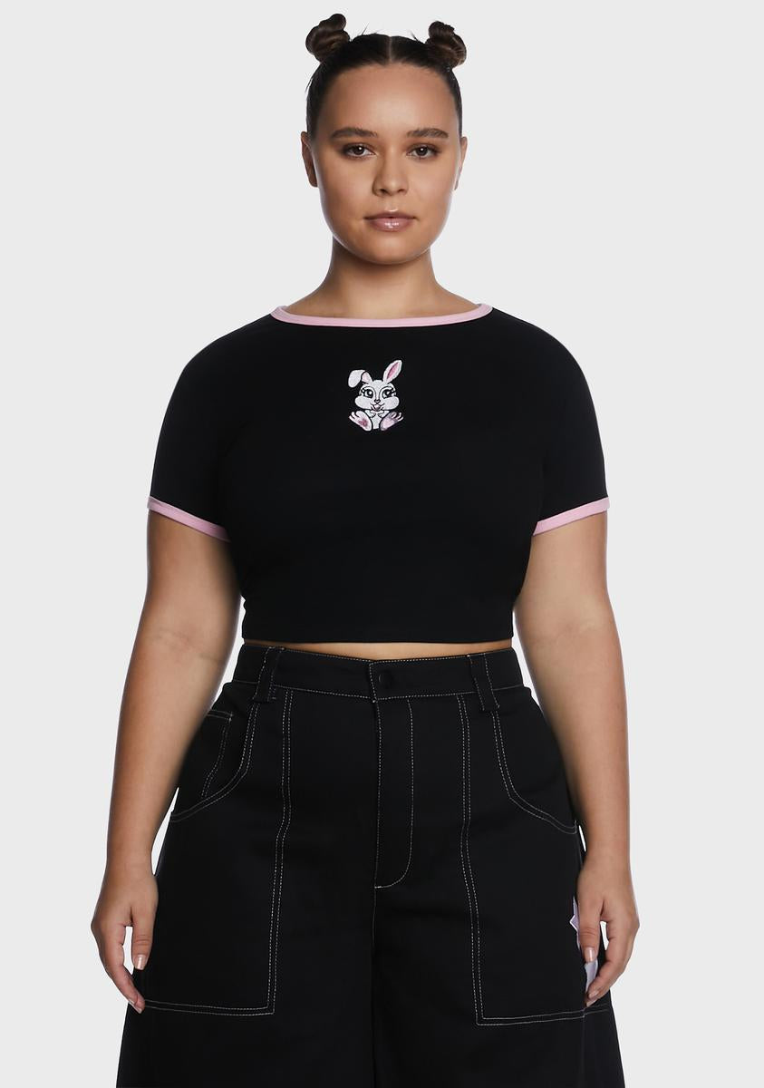 Plus Size Current Mood Embroidered Bunny Ringer Crop Tee - Black – Dolls Kill