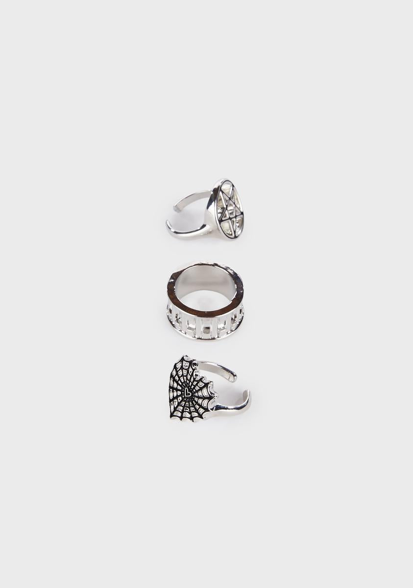 Pentagram Star Heart Shaped Spiderweb Ring Set - Silver – Dolls Kill