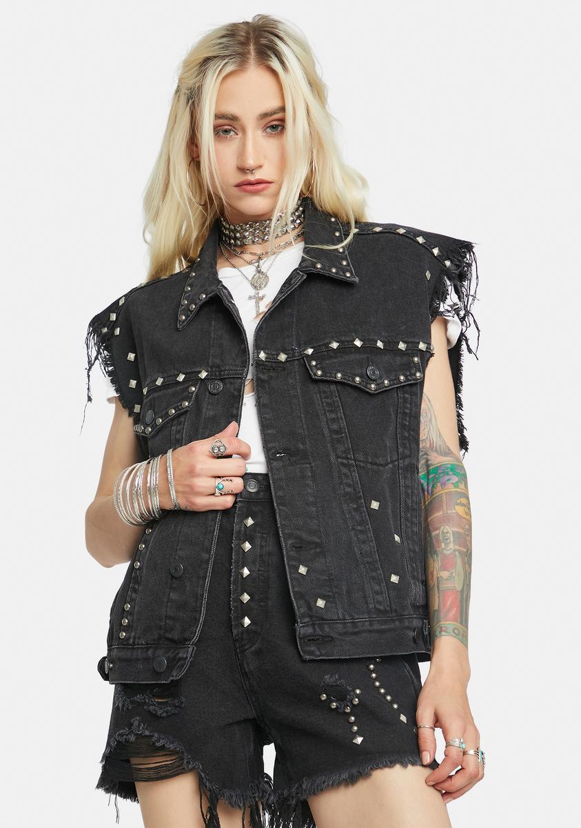 Distressed Studded Denim Vest - Black – Dolls Kill