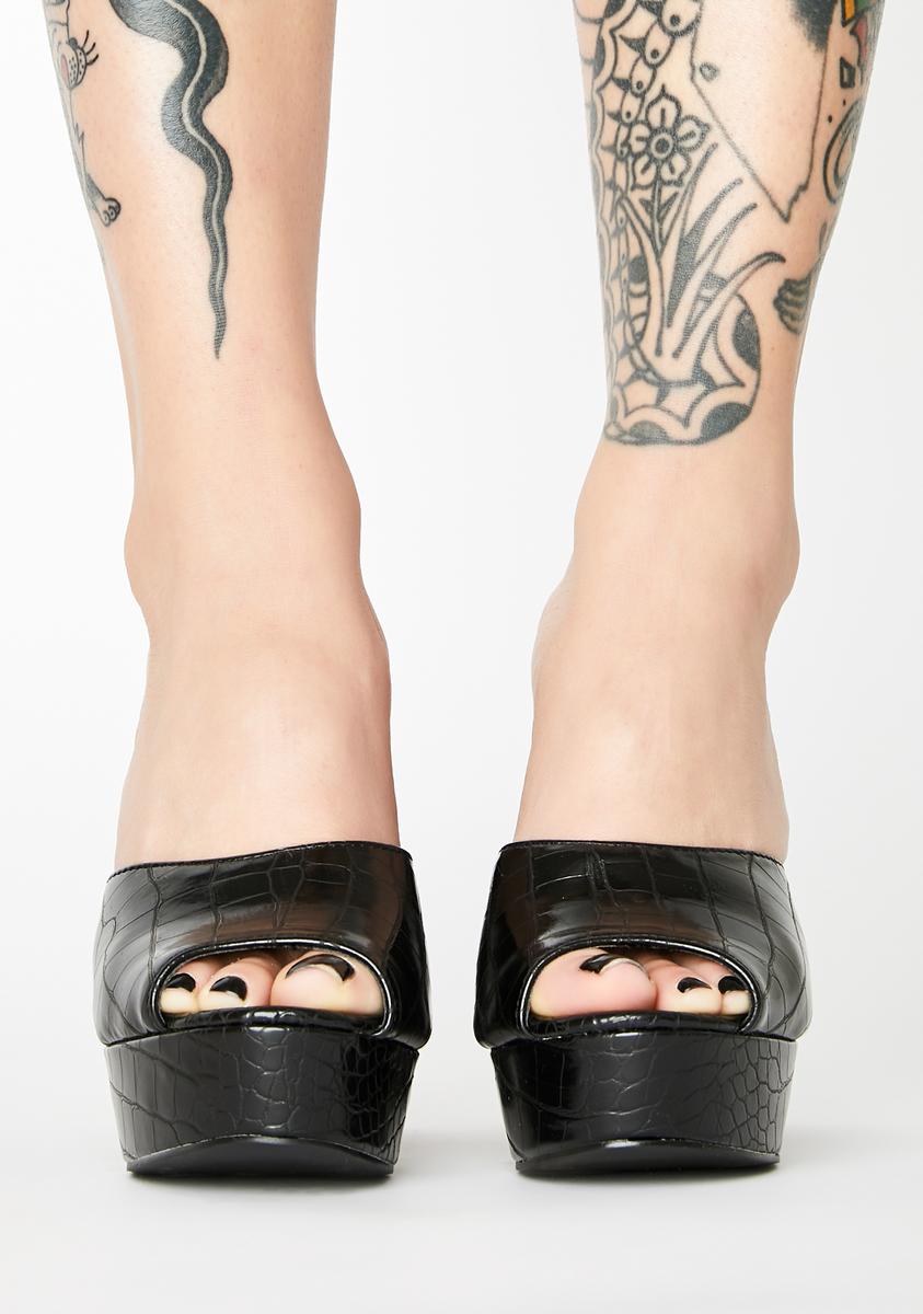 Black Faux Crocodile Skin Platform Backless Block Heel Mules – Dolls Kill