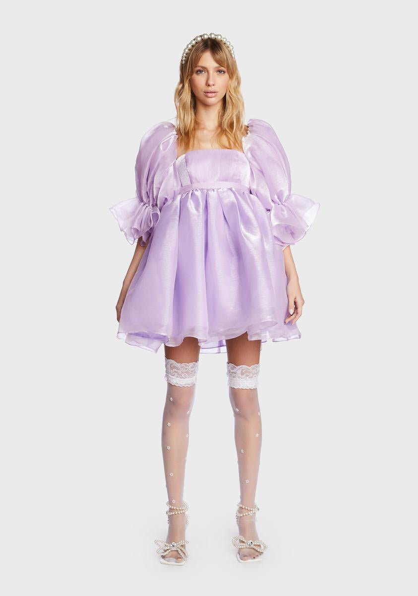 Fanciful Doll Shimmer Organza Puff Sleeve Babydoll Dress - Lilac ...