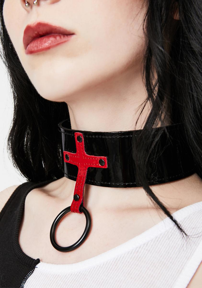 Funk Plus Thick Patent Choker With Red Cross And O-Ring – Dolls Kill