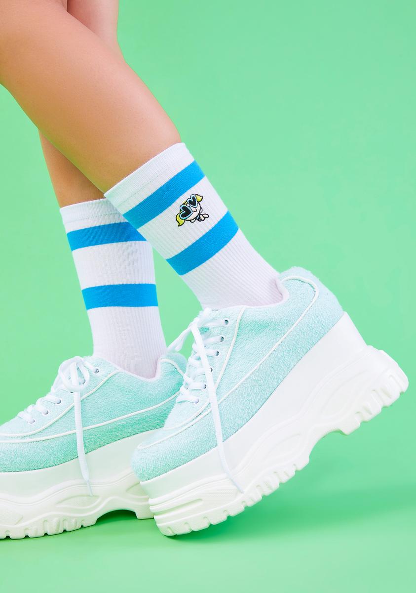 Dolls Kill x Powerpuff Girls Embroidered Logo Stripe Crew Socks - White