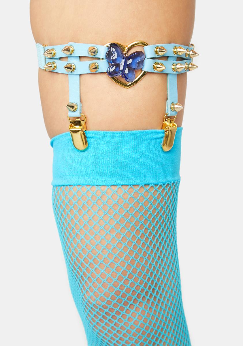 Butterfly Gem Heart Ring Gold Spike Leg Garters - Blue – Dolls Kill