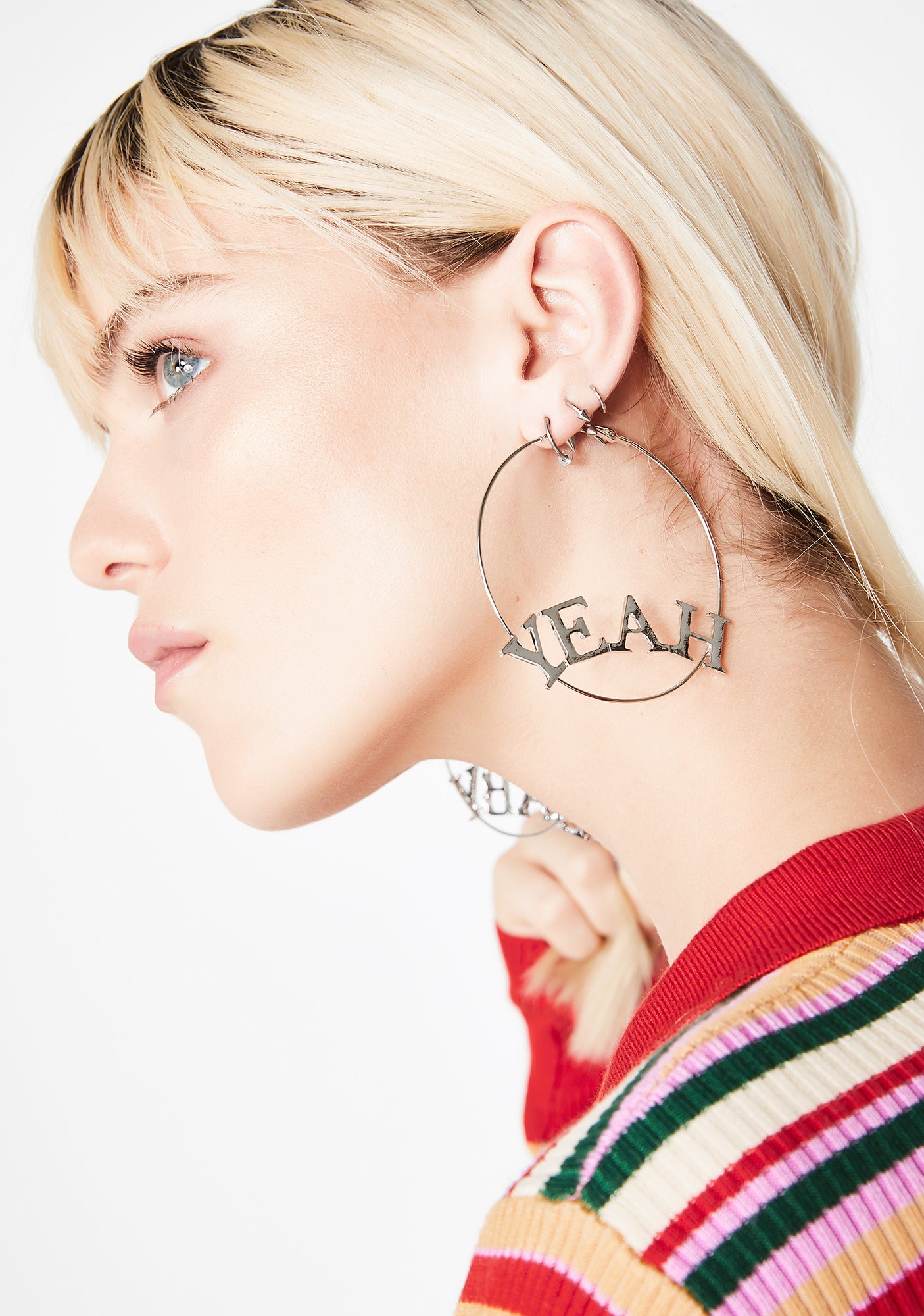 Silver Yeah Baby Hoop Earrings – Dolls Kill