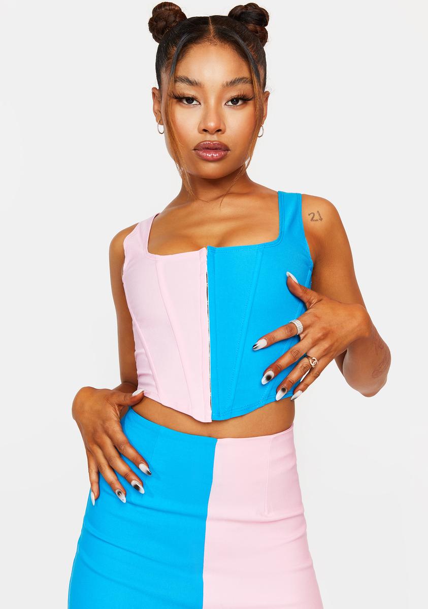Two Tone Colorblock Hook And Eye Corset Tank - Pink/Blue – Dolls Kill