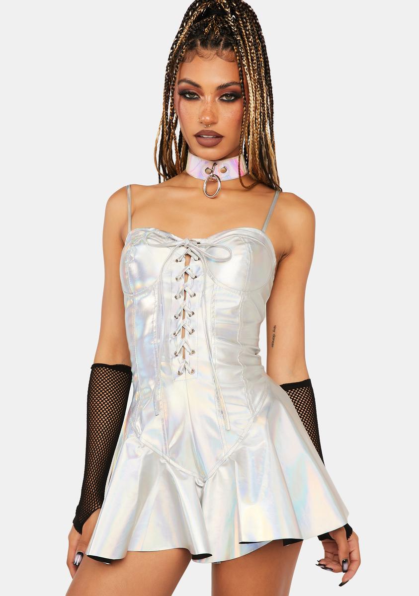 Holographic Corset Lace Up Mini Dress - Silver – Dolls Kill