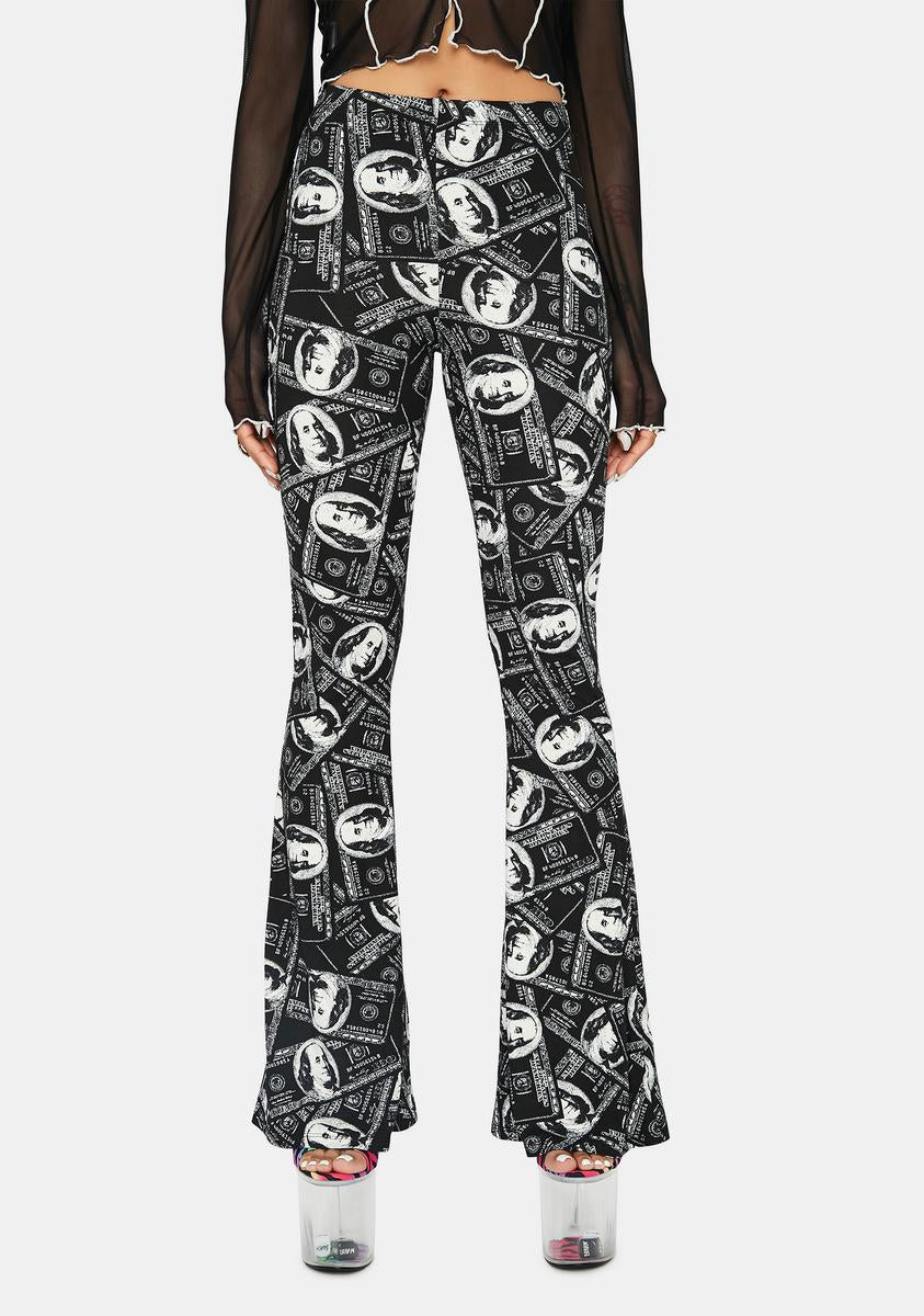 Money Print High Waisted Flared Pants - Charcoal – Dolls Kill