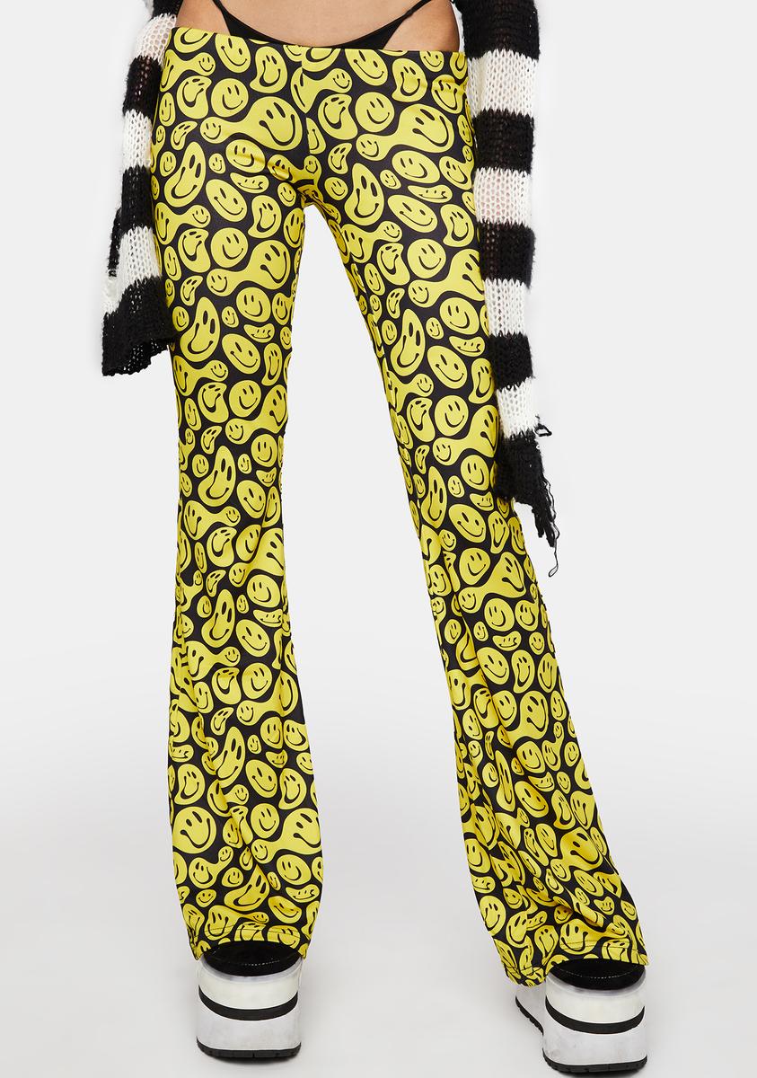 Flared Low Waist Happy Face Pants - Black/Yellow – Dolls Kill