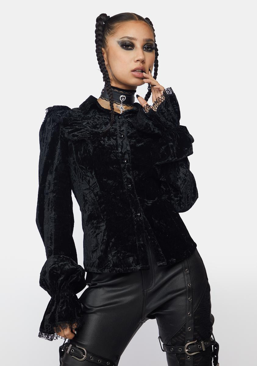 Punk Rave Velvet Button Up Blouse Top - Black – Dolls Kill