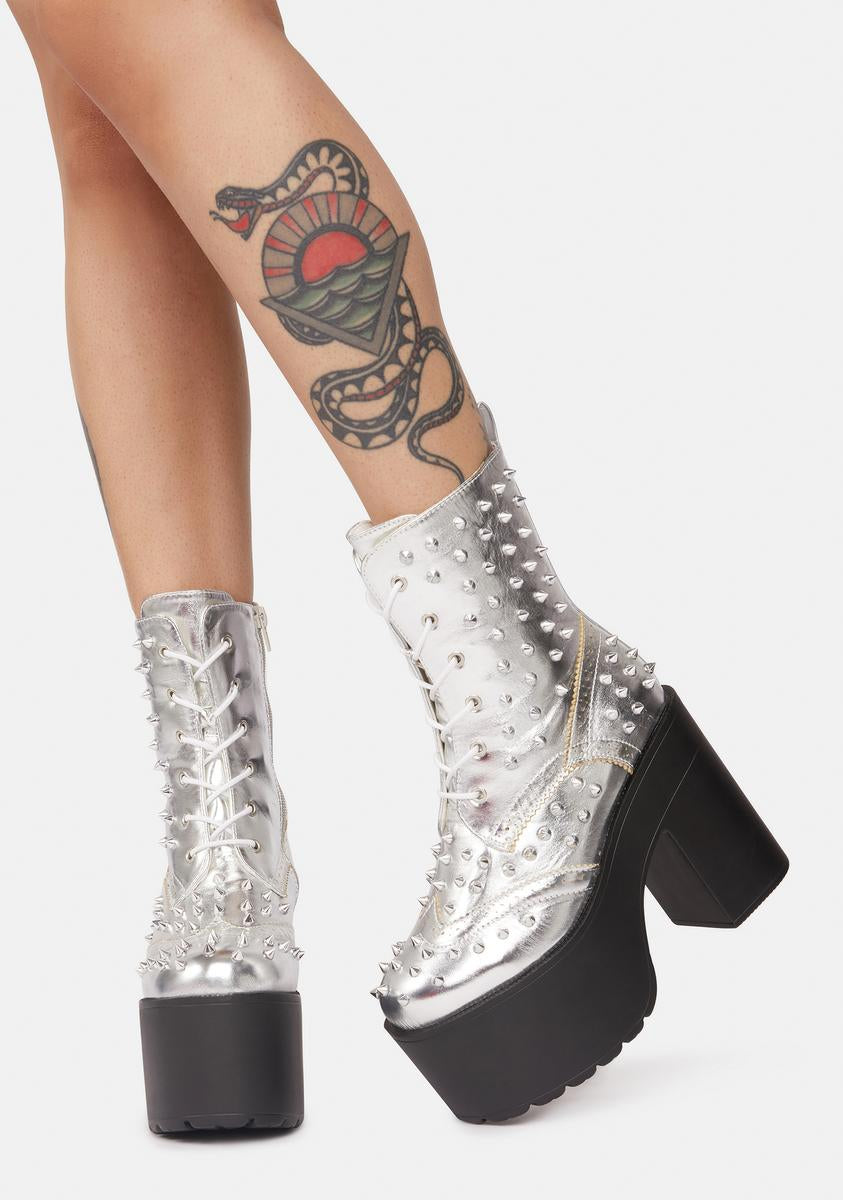 Spiked Lace Up Platform Boots - Metallic Silver – Dolls Kill