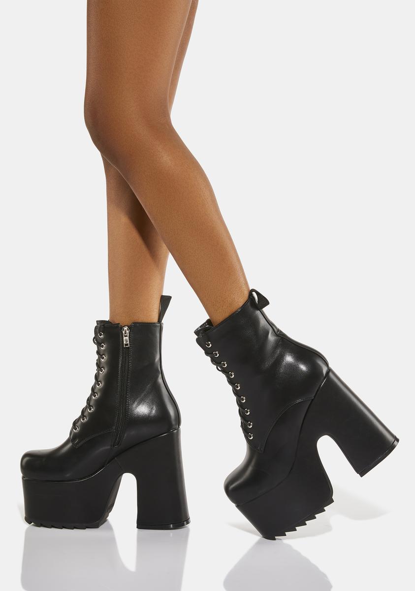 Lamoda Vegan Leather Lace Up Platform Heel Ankle Boots Black Dolls Kill