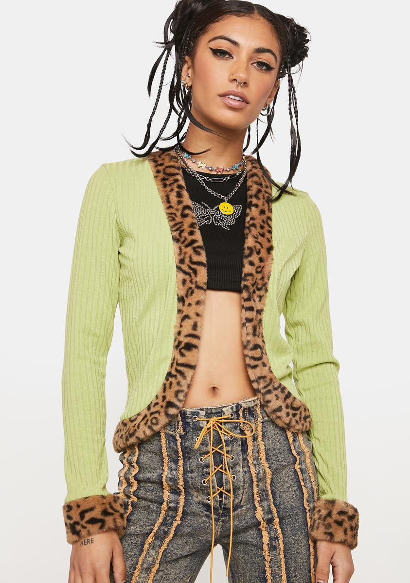 Leopard Faux Fur Trim Open Front Cardigan - Green – Dolls Kill