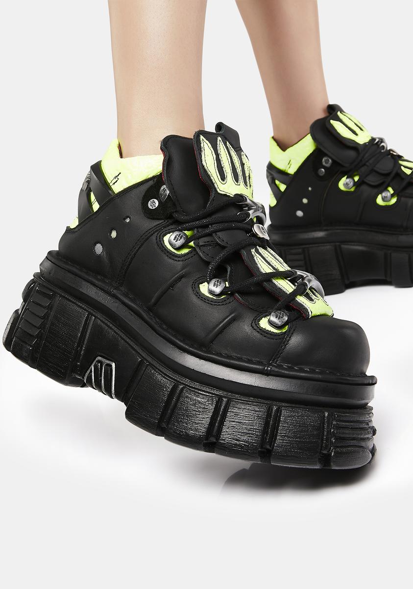 New Rock Chunky Leather Platform Ankle Boots - Neon Yellow/Black ...