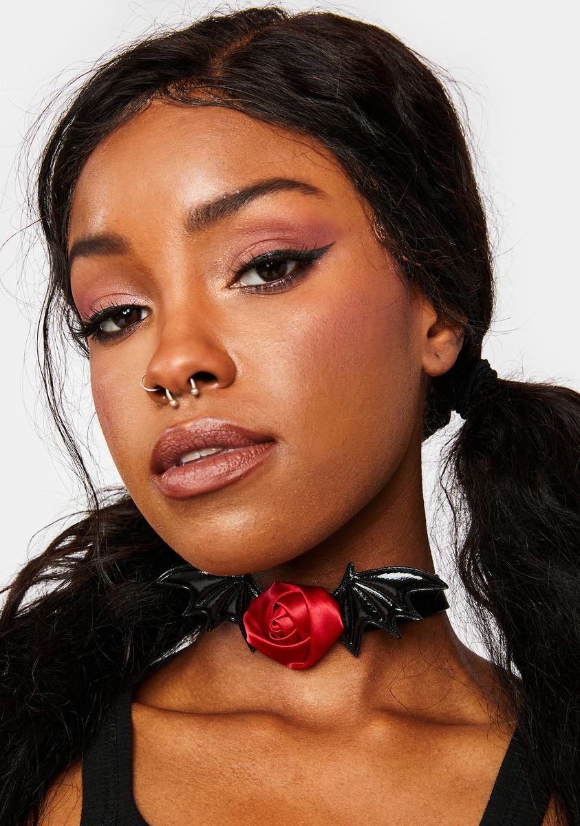 Vegan Leather Bat Wing Rosette Choker Red – Dolls Kill