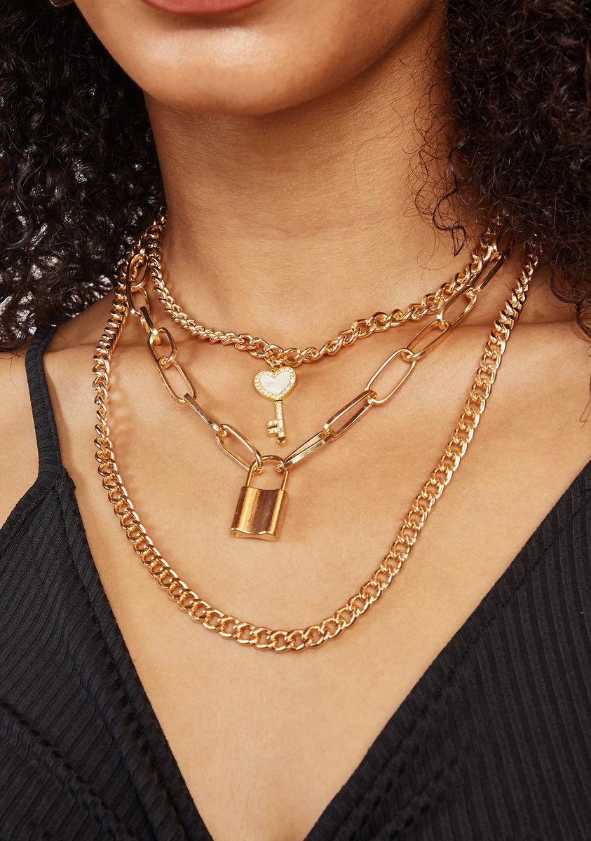 Layered Chain Lock And Rhinestone Key Necklace Gold – Dolls Kill