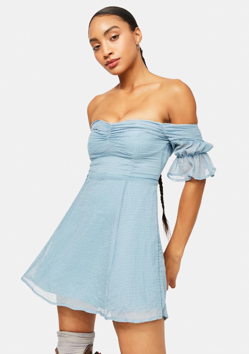 Off The Shoulder Mini Dress With Ruching - Blue – Dolls Kill