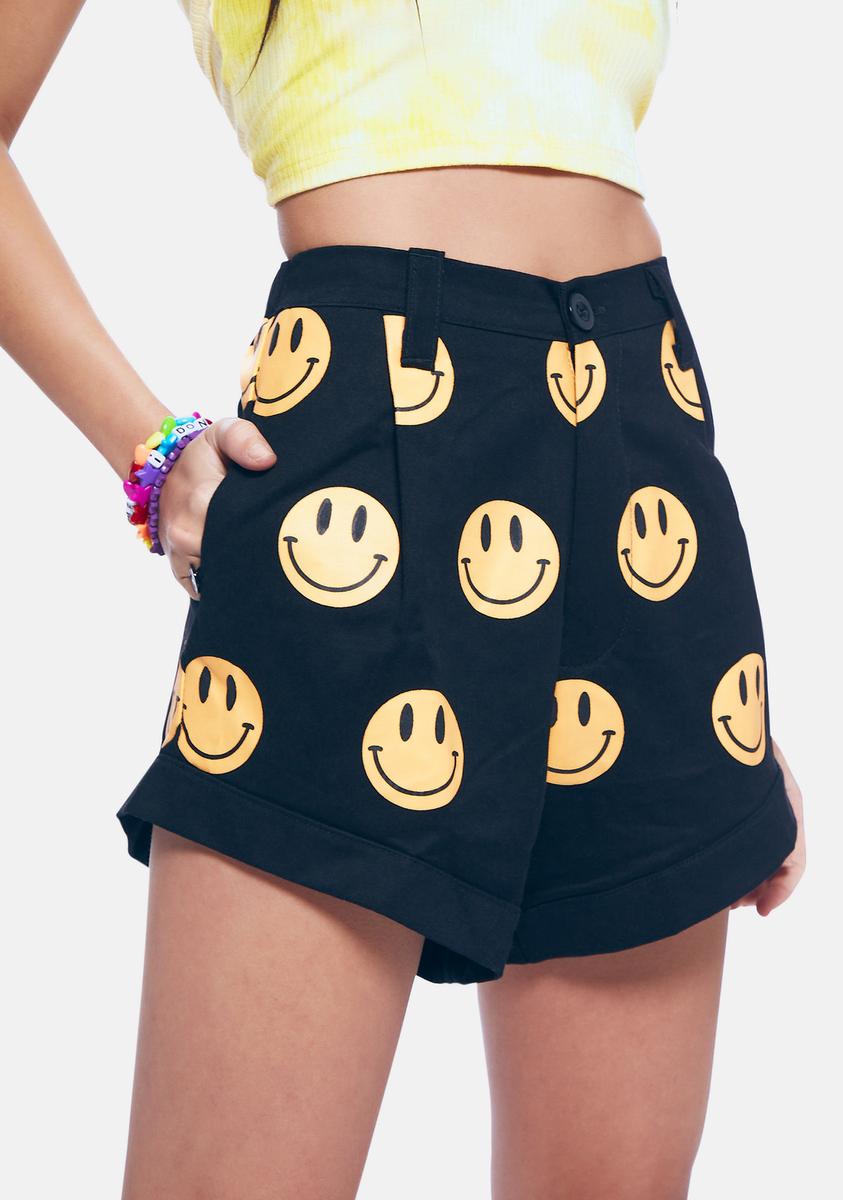 Smiley Face Print High Waist Shorts - Black – Dolls Kill