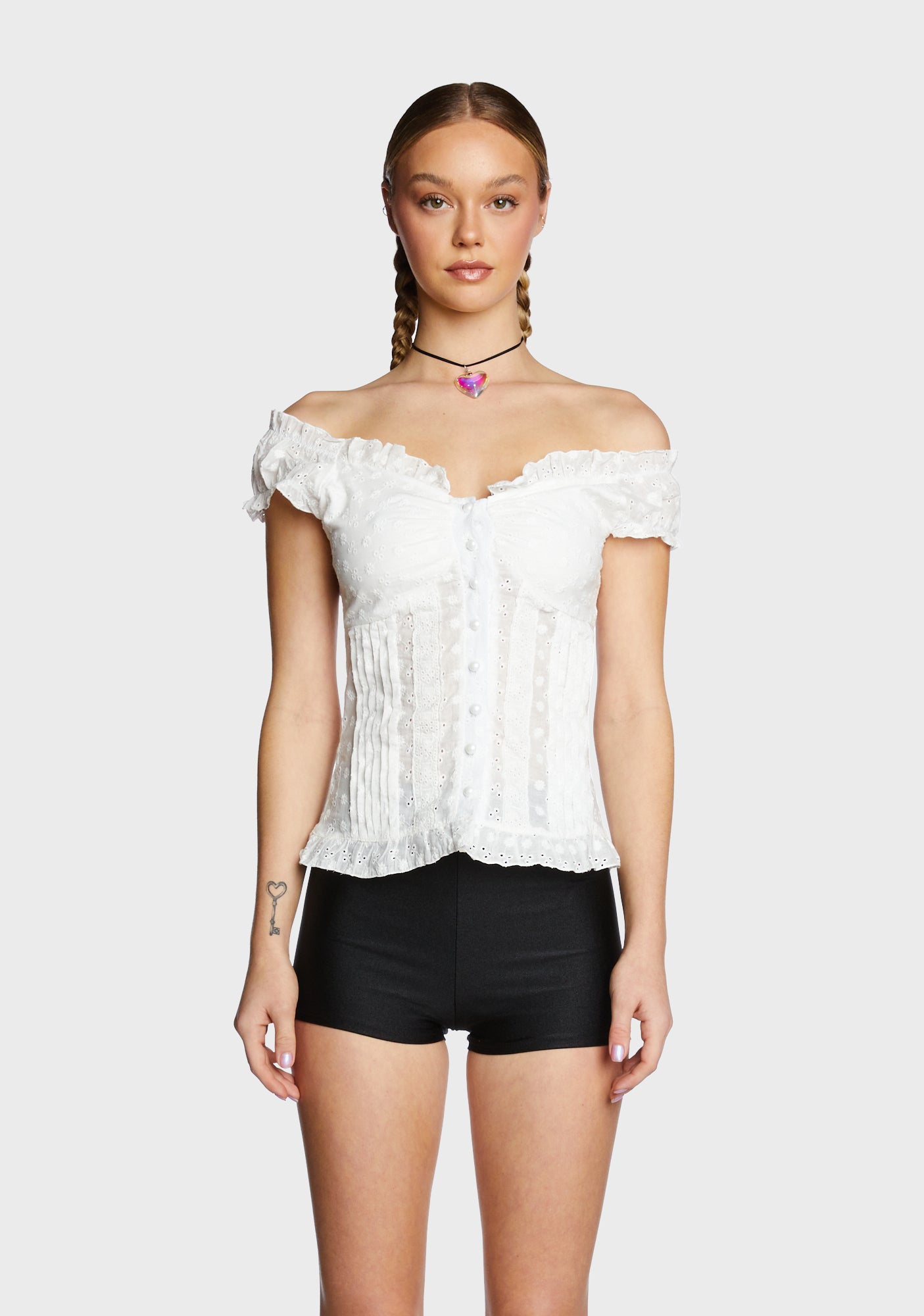Off The Shoulder Eyelet Crop Top - White – Dolls Kill