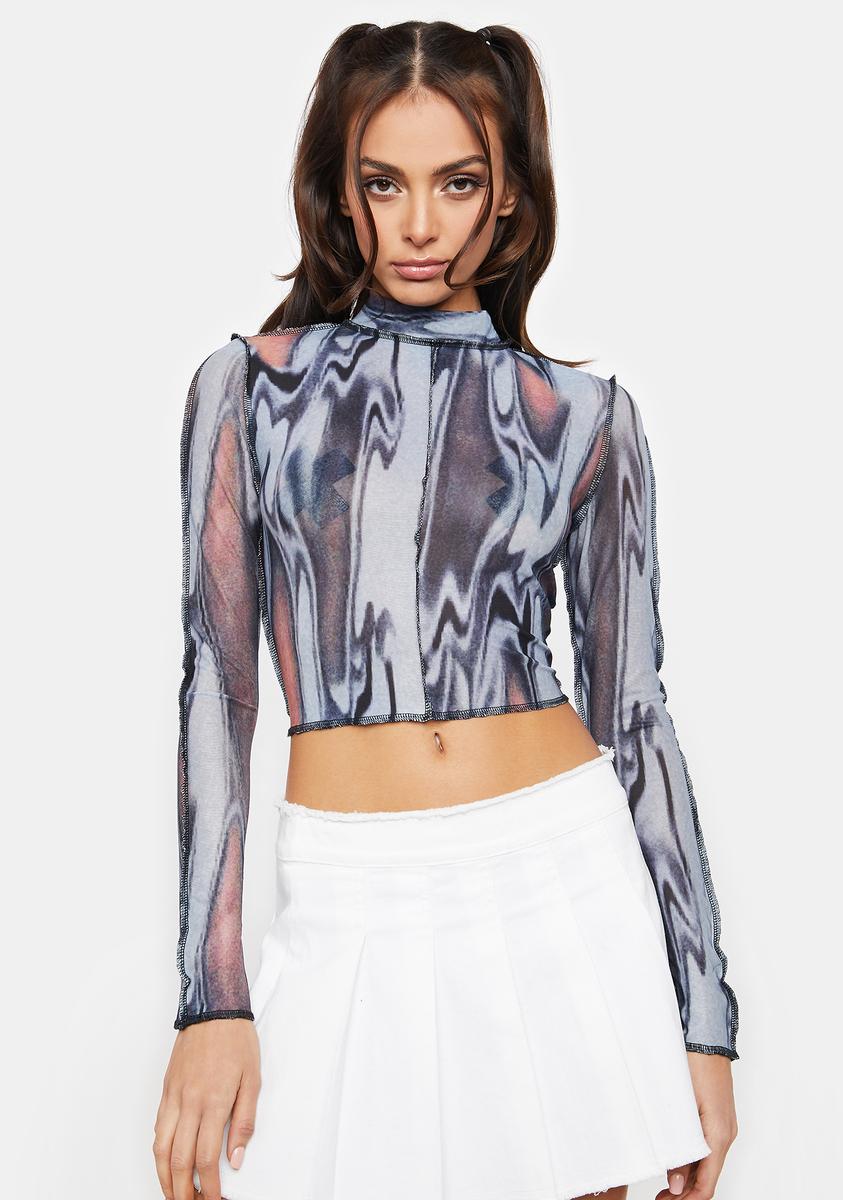 Trippy Swirl Print Cropped Mesh Top - Indigo – Dolls Kill