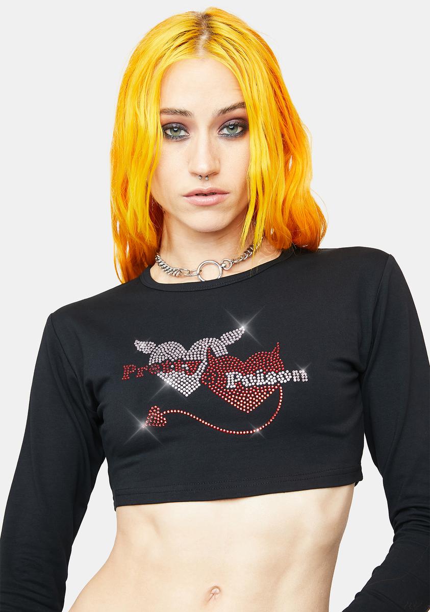 Edikted Pretty Poison Devil Rhinestone Graphic Long Sleeve Crop Top ...