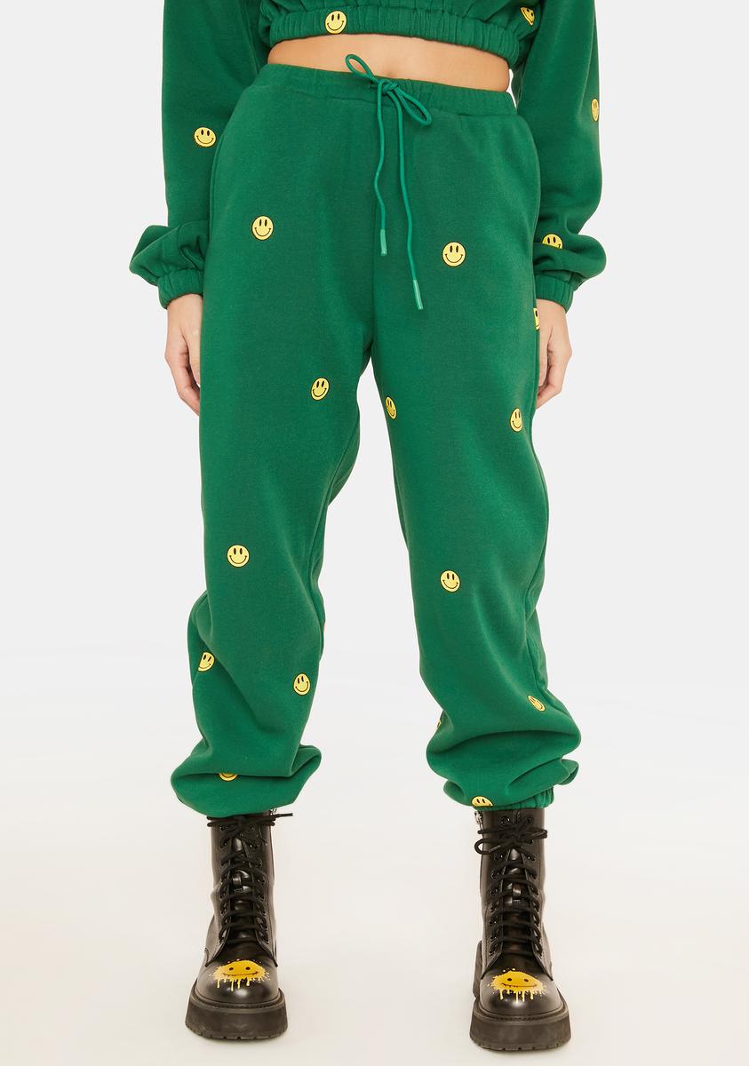 Smiley Face Elastic Drawstring Waistband Sweatpants - Green – Dolls Kill