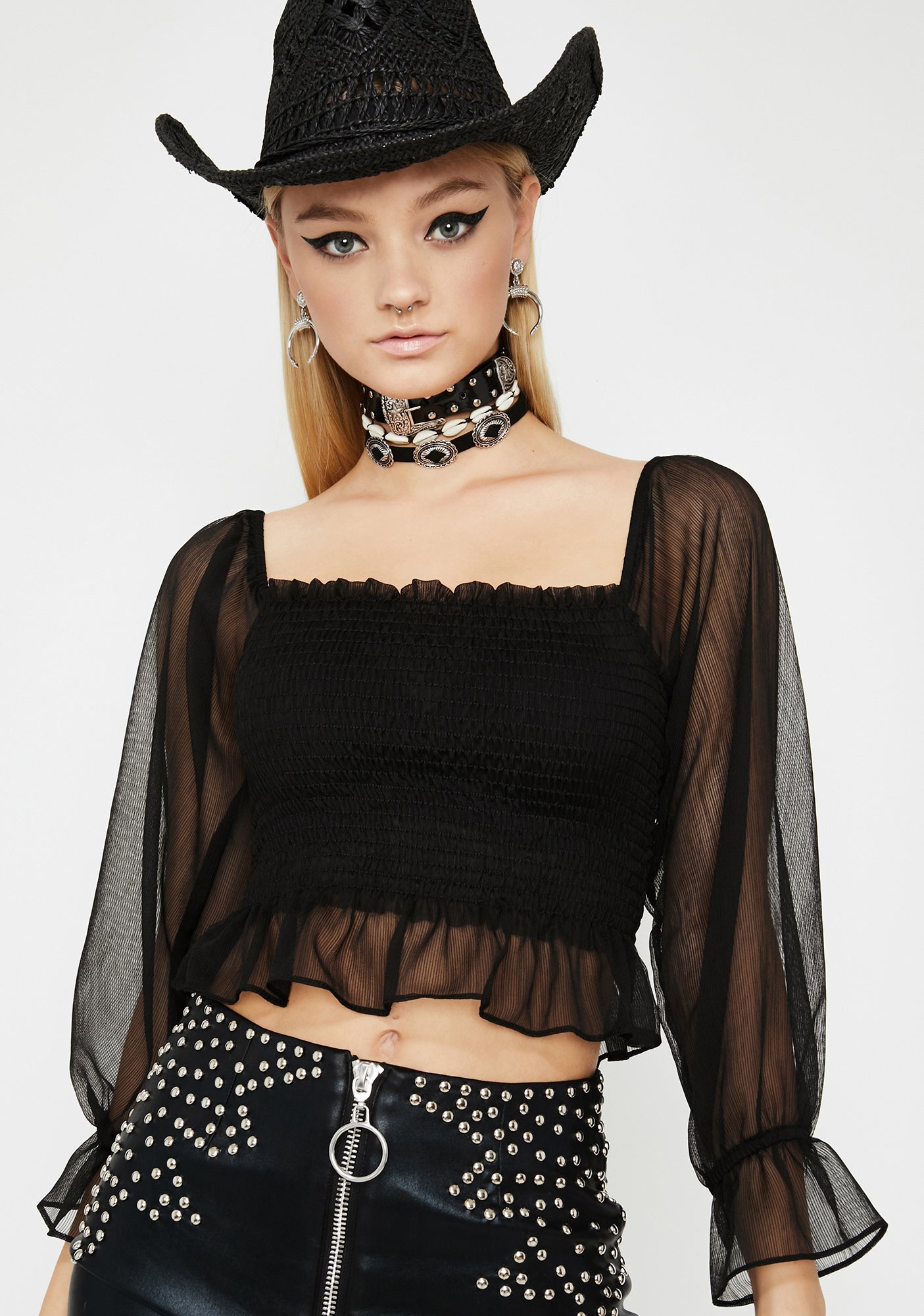 Smocked Frill Hem Cropped Blouse – Dolls Kill