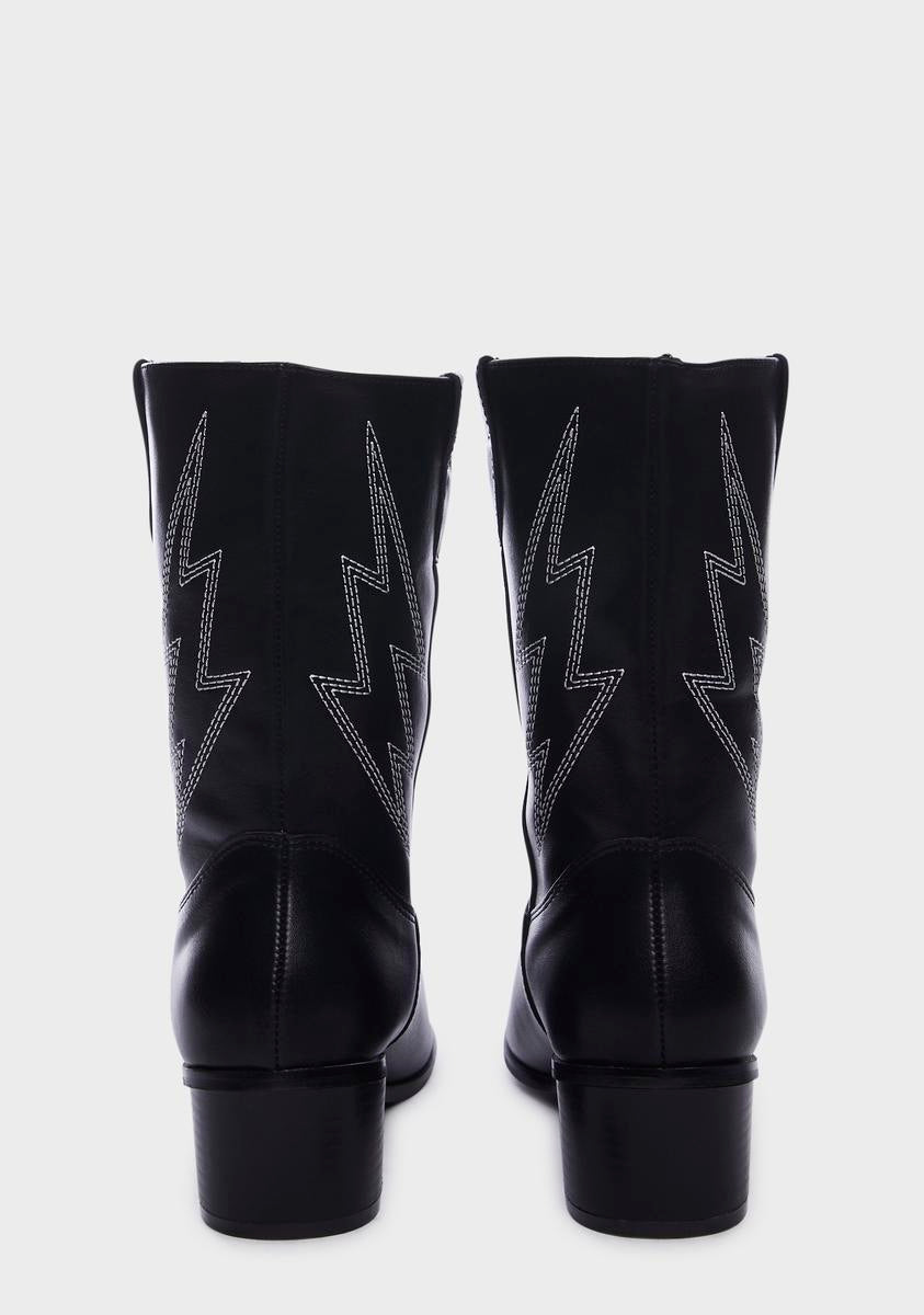 Vegan Leather Lightning Bolt Stitched Cowboy Boots - Black – Dolls Kill