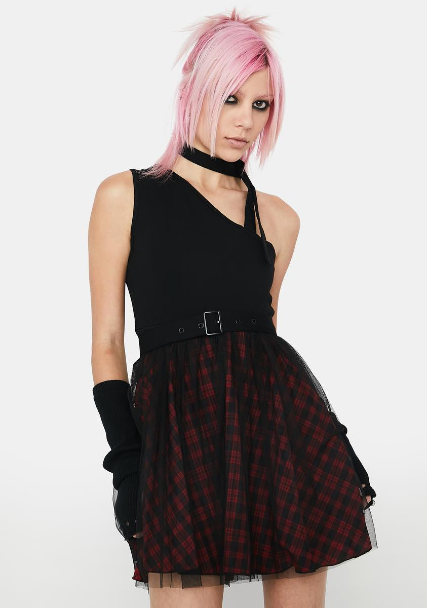 Punk Rave One Shoulder Plaid Mini Dress - Black/Red – Dolls Kill