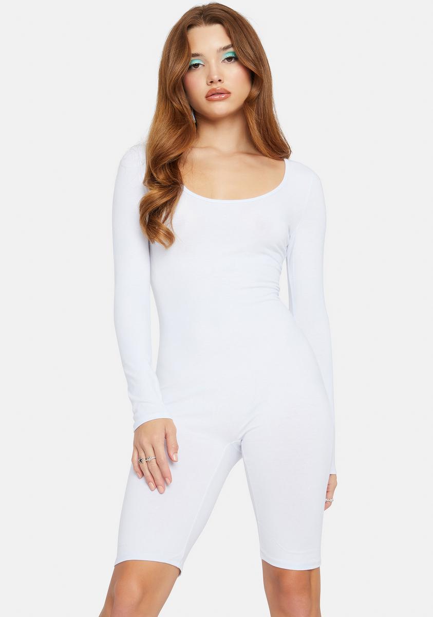 Long Sleeve Bike Short Romper - White – Dolls Kill