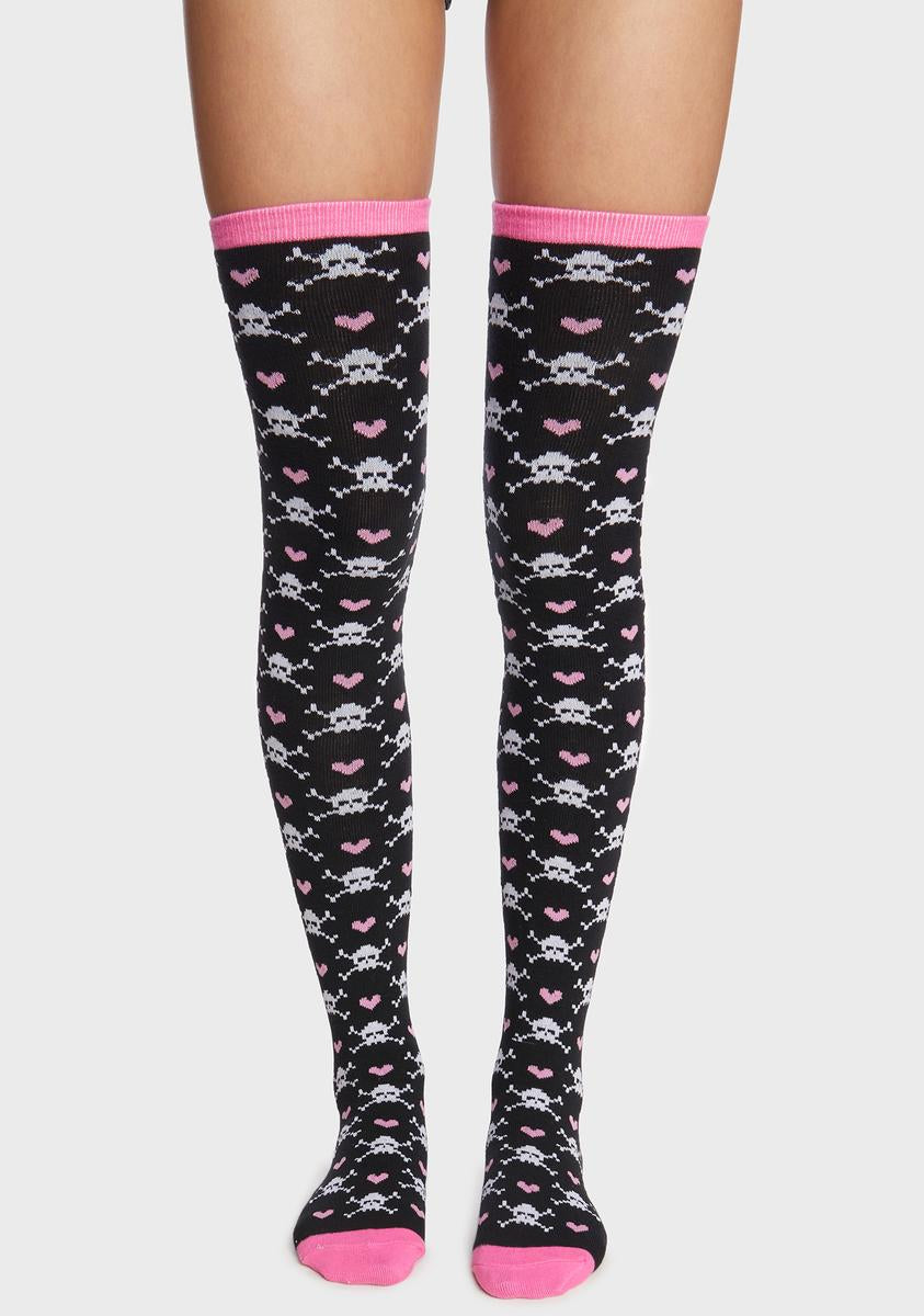 Too Fast Skull Heart Over The Knee Socks - Pink – Dolls Kill