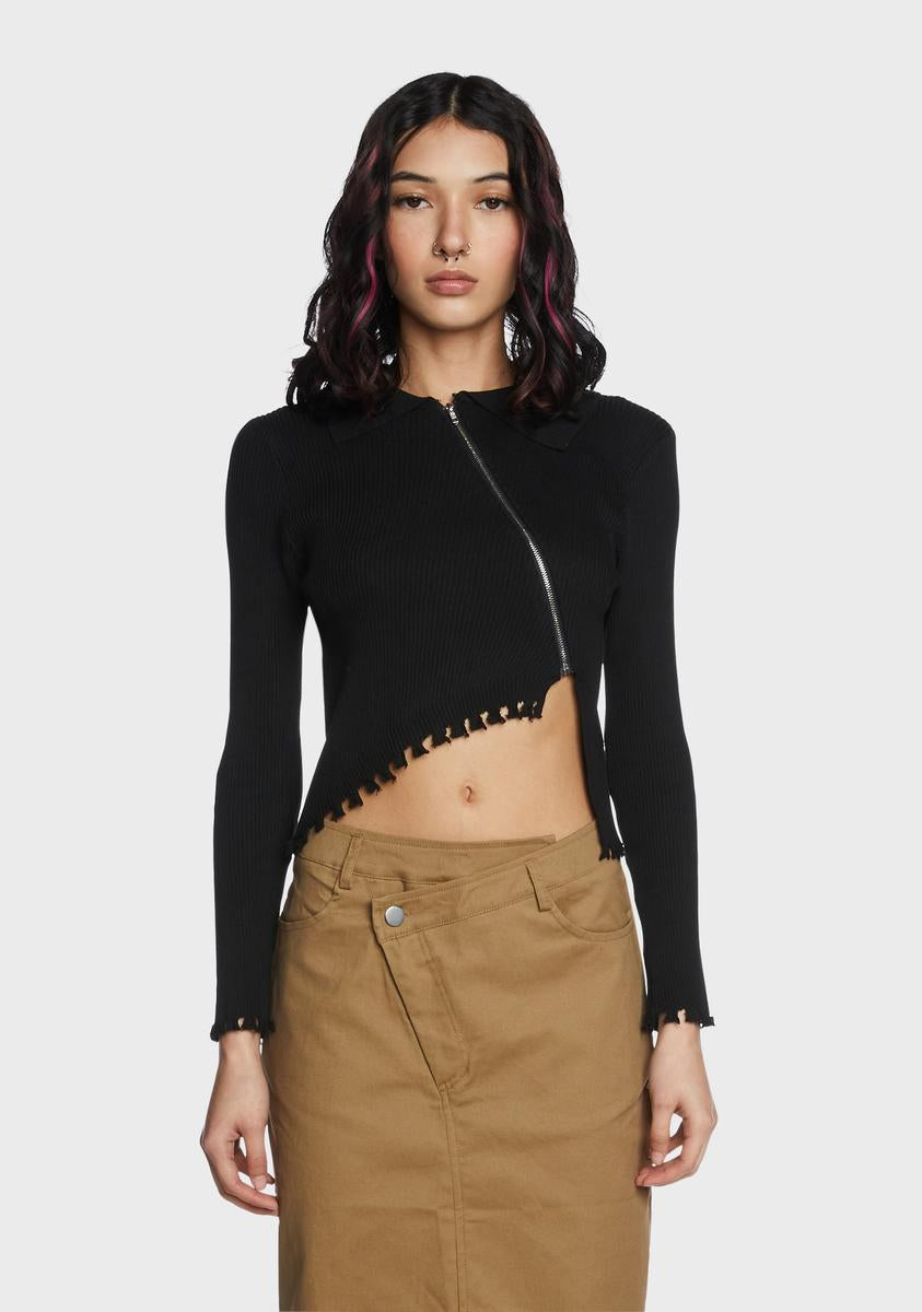 Ribbed Asymmetrical Zip Crop Top - Black – Dolls Kill