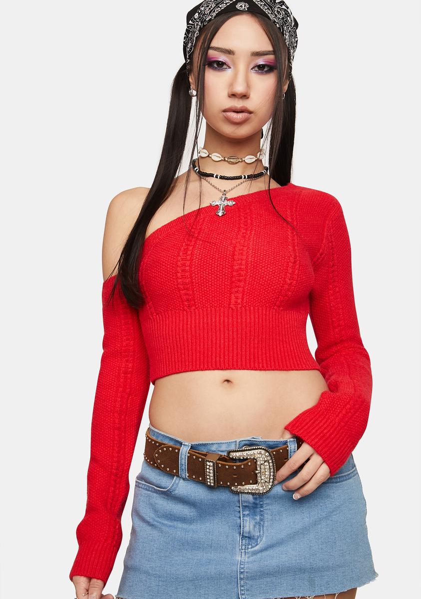 One Shoulder Long Sleeve Crop Sweater - Red – Dolls Kill