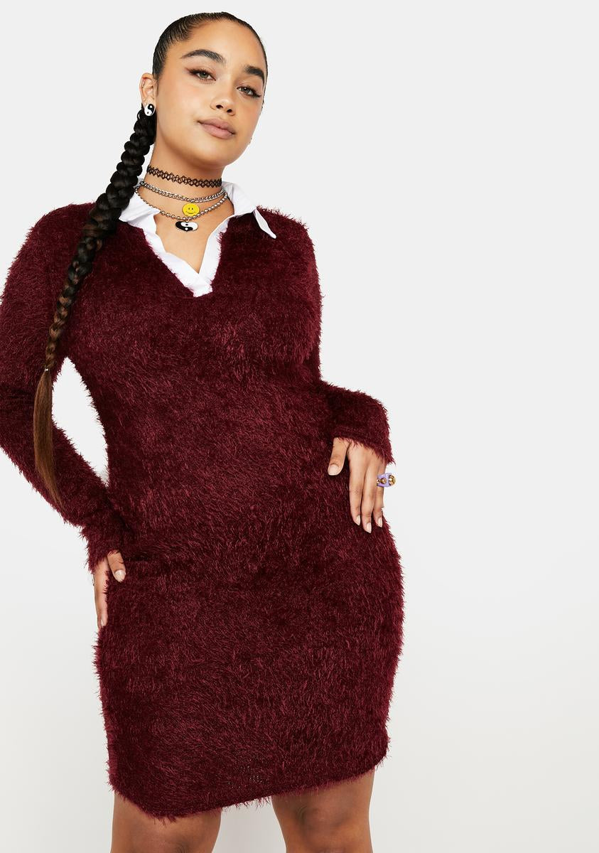Plus Size Fuzzy Mini Bodycon Dress - Burgundy/Red – Dolls Kill