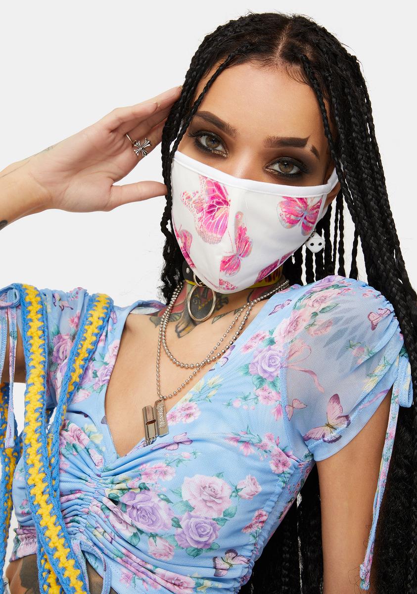 Butterfly Print Protective Face Mask - White/Pink – Dolls Kill