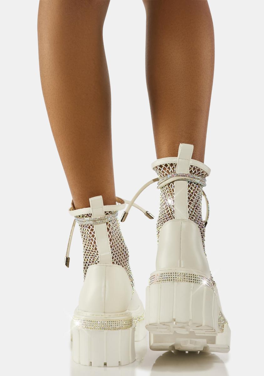 AZALEA WANG Rhinestone Fishnet Combat Boots - White – Dolls Kill