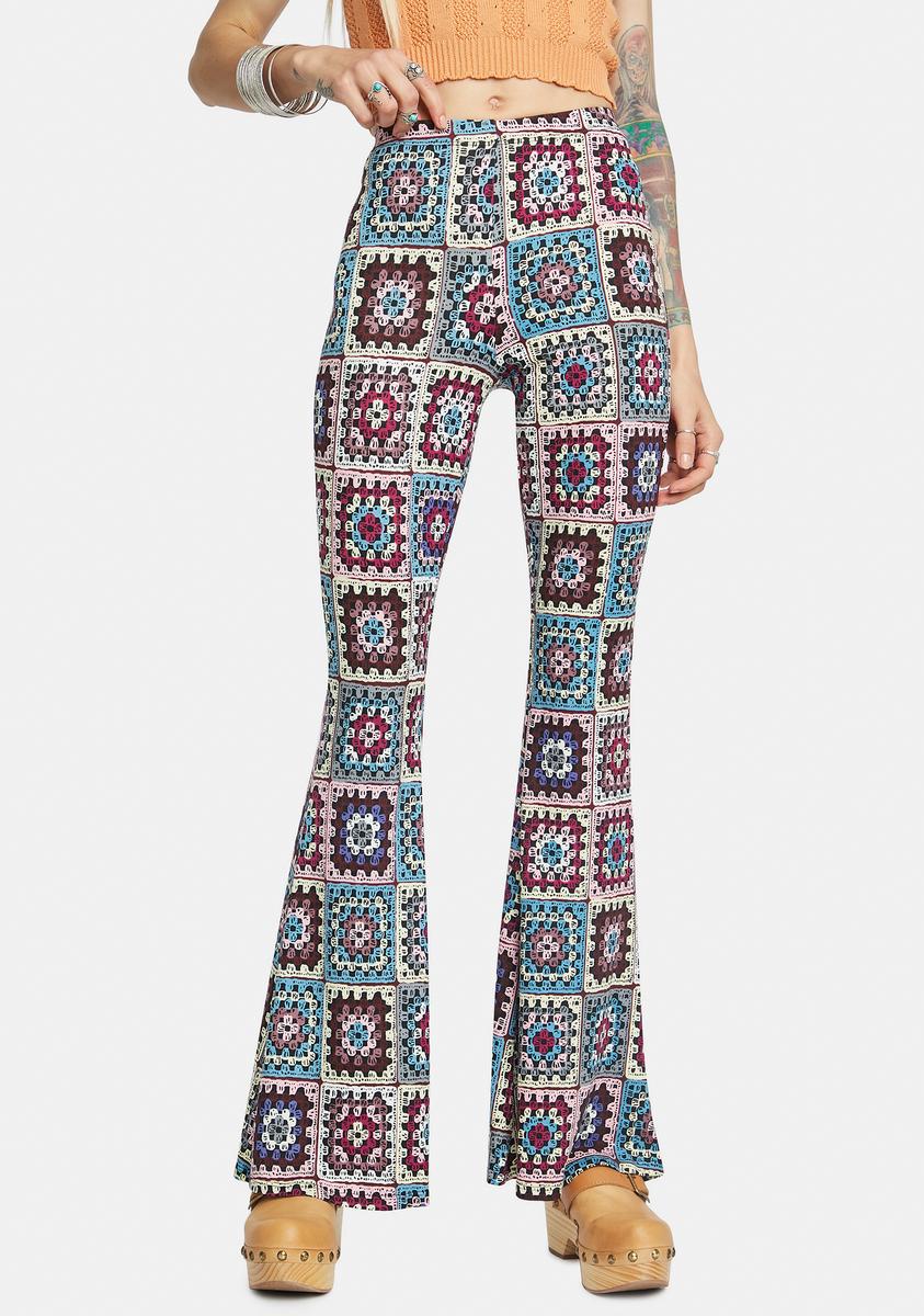 Crochet Print High Waist Flares – Dolls Kill