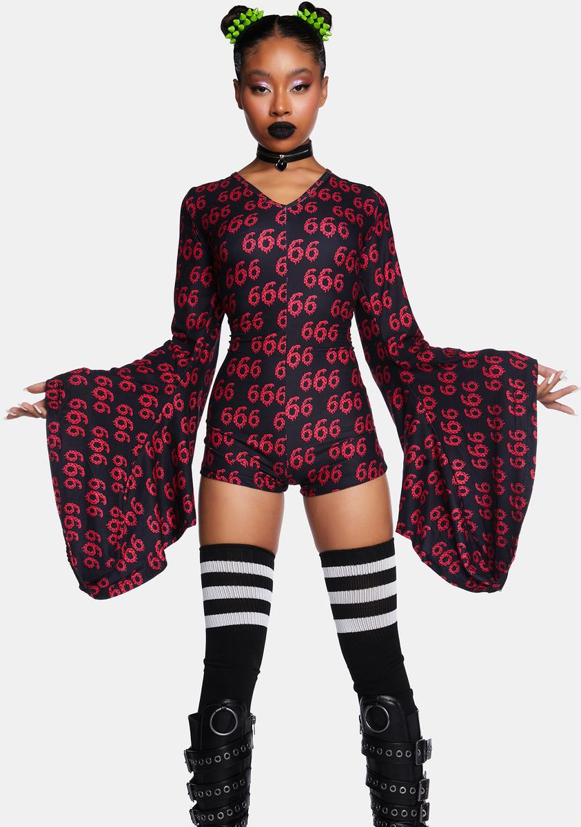 Too Fast 666 Print Bell Sleeve Romper - Black/Red – Dolls Kill
