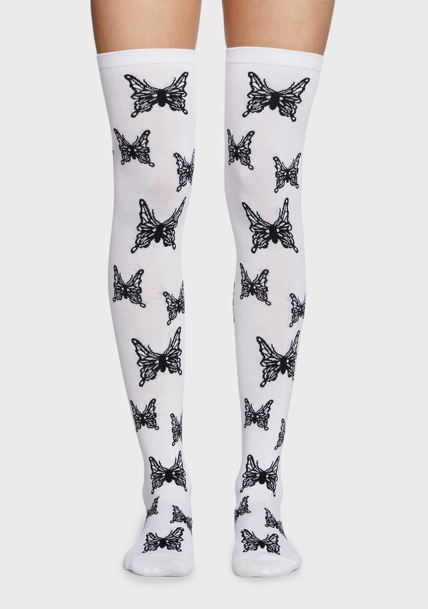 Butterfly Print Thigh High Socks - White – Dolls Kill