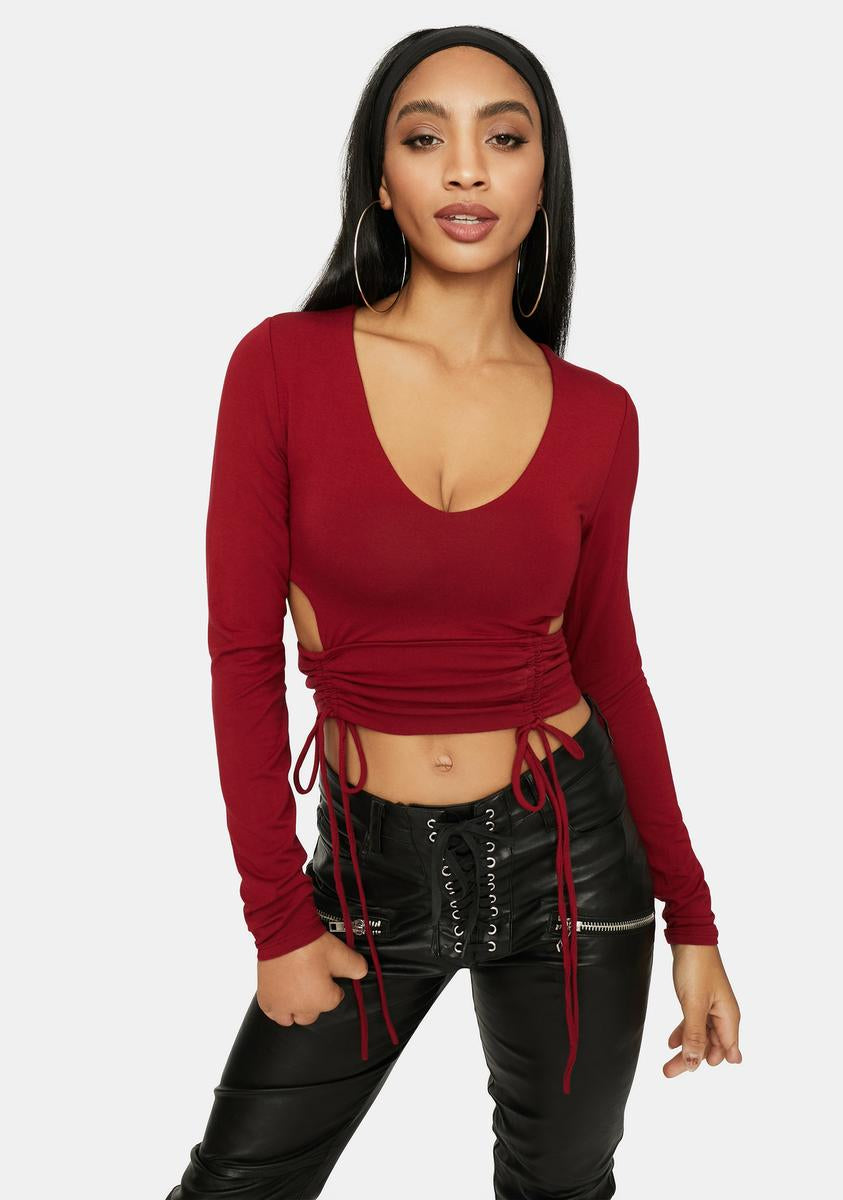 Ruched Cutout Long Sleeve Crop Top - Maroon – Dolls Kill