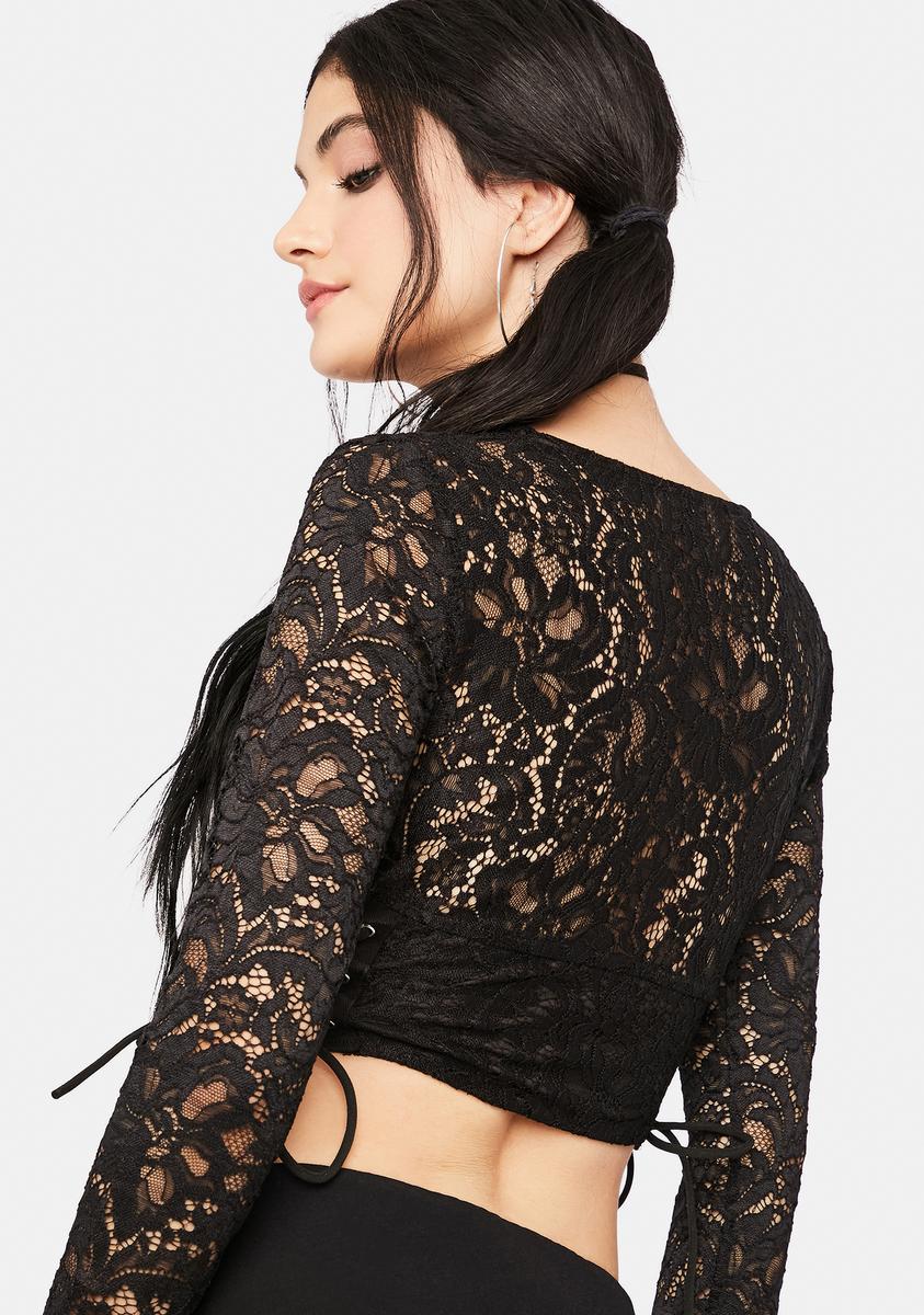 Lace Crop Top With Lace Up Side Detail - Black – Dolls Kill