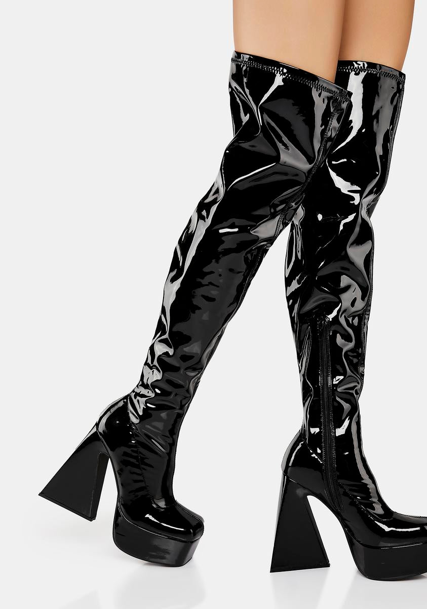 Lemon Drop by Privileged Patent Thigh-High Platform Boots - Black ...
