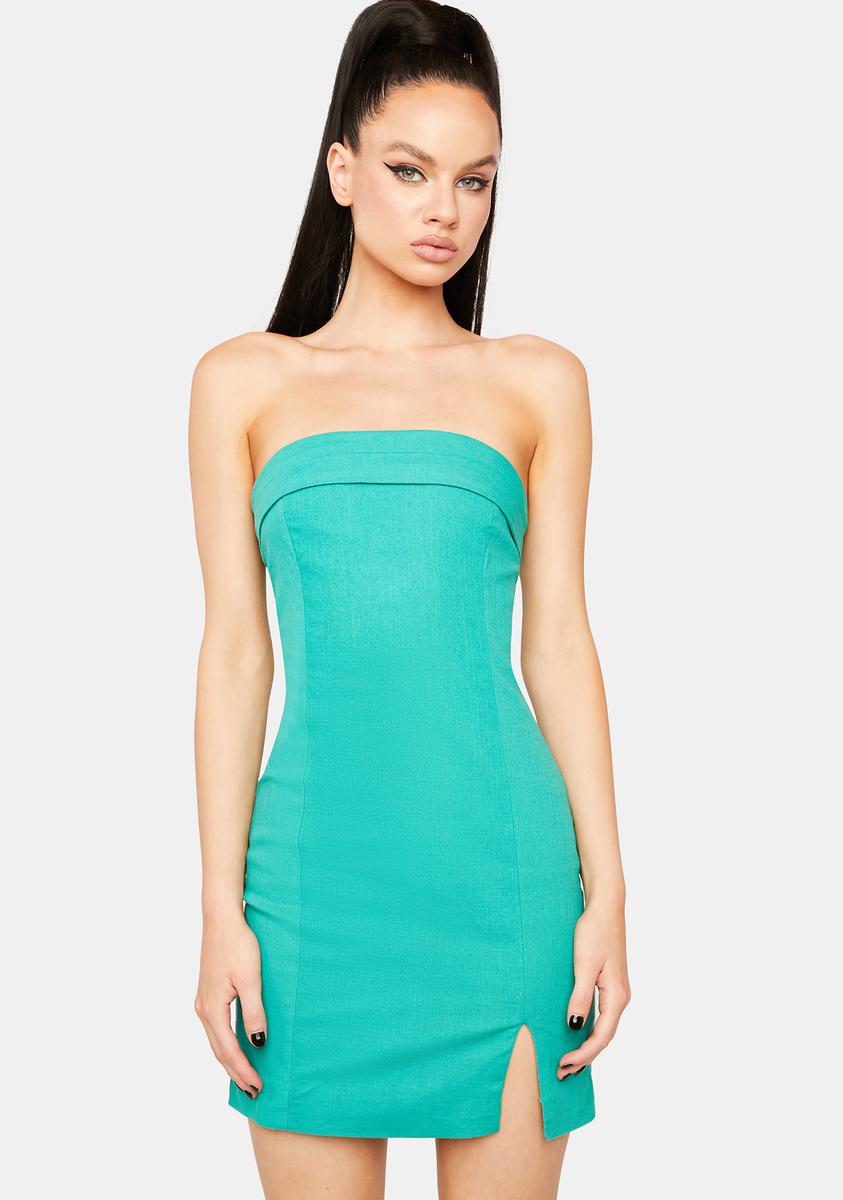 Strapless Side Split Zip Up Mini Dress - Green – Dolls Kill