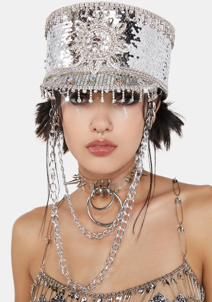 Sequin Rhinestone Chain Marching Band Hat - Silver – Dolls Kill