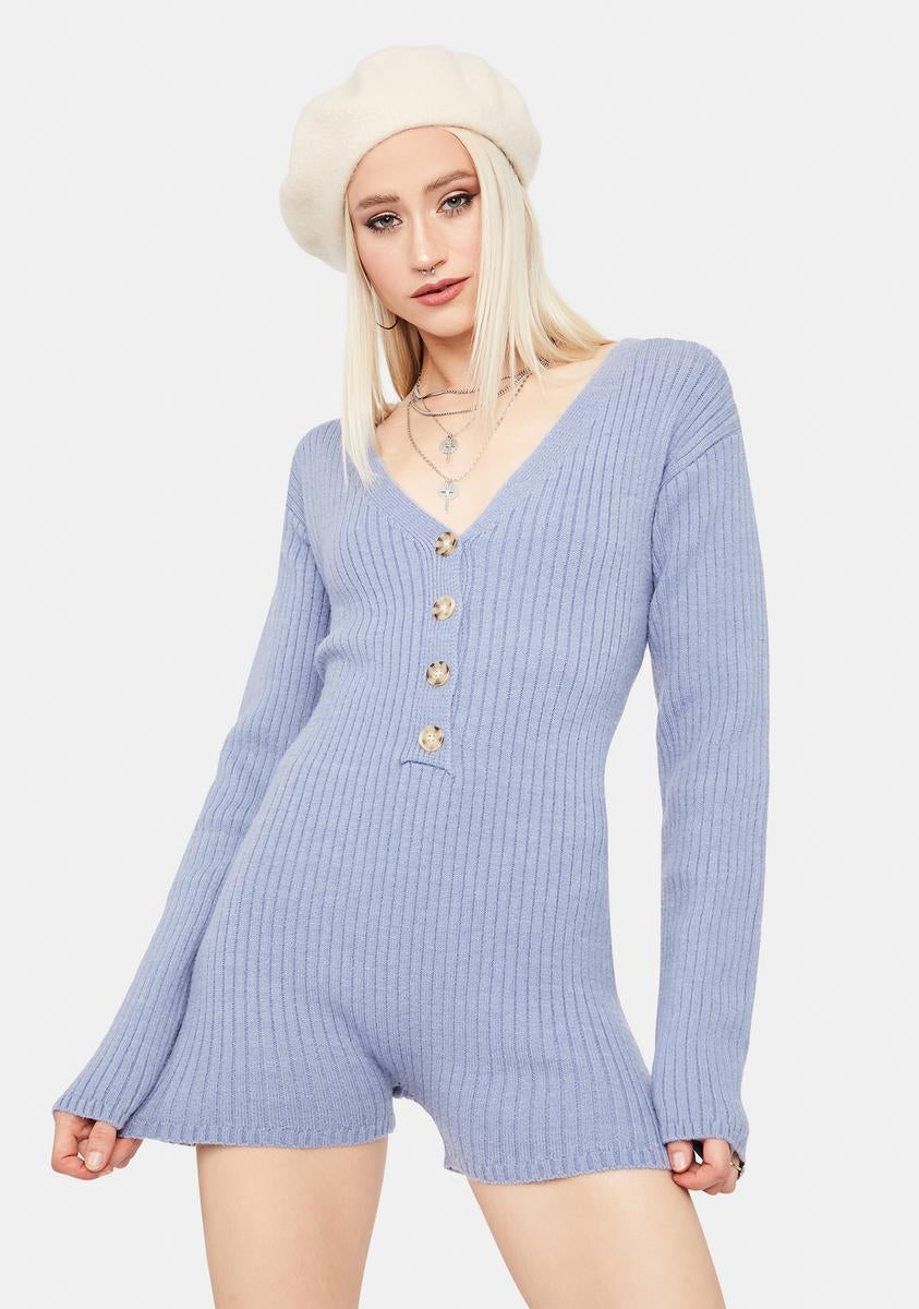Knit Ribbed Long Sleeve Button Up Romper - Blue – Dolls Kill