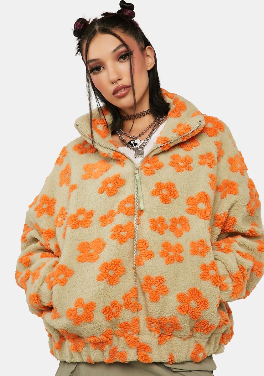 Faux Shearling Floral Crop Jacket - Green/Orange – Dolls Kill