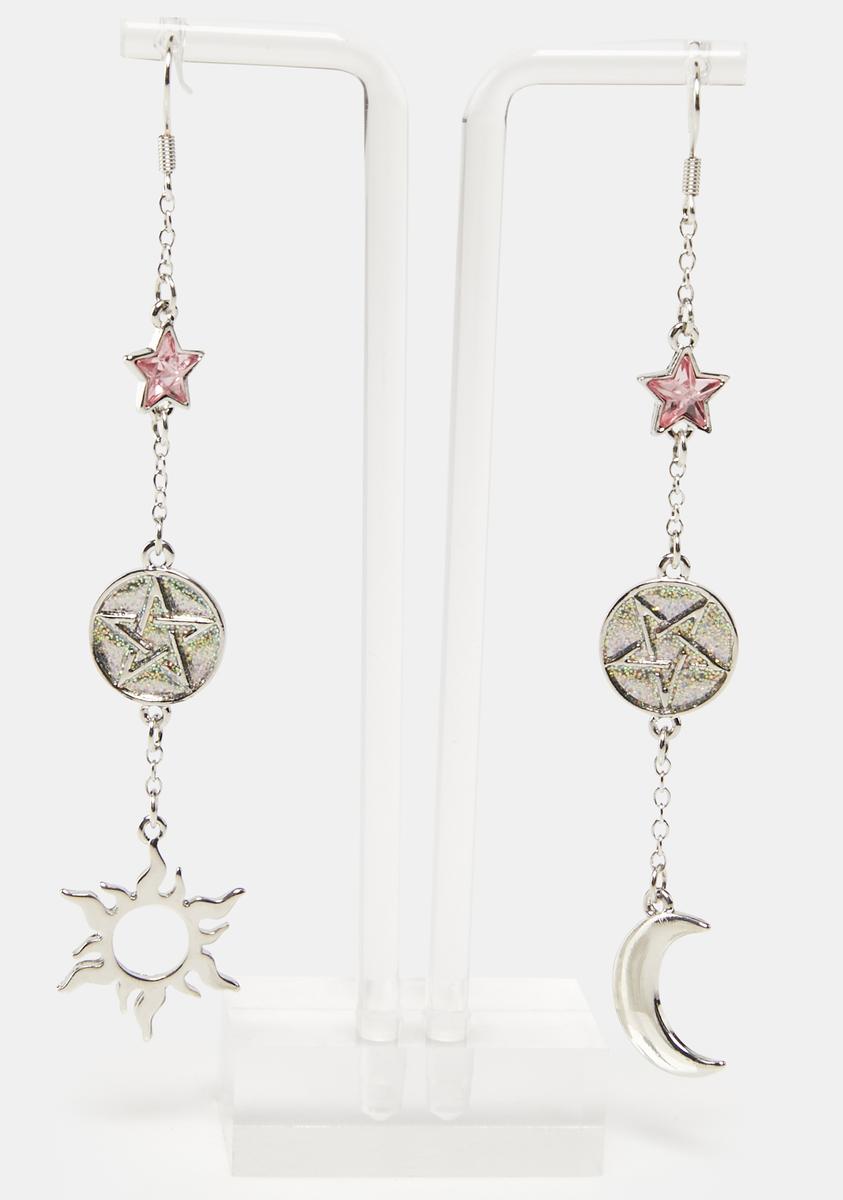 Star Pentagram Moon Sun Drop Earrings - Silver – Dolls Kill